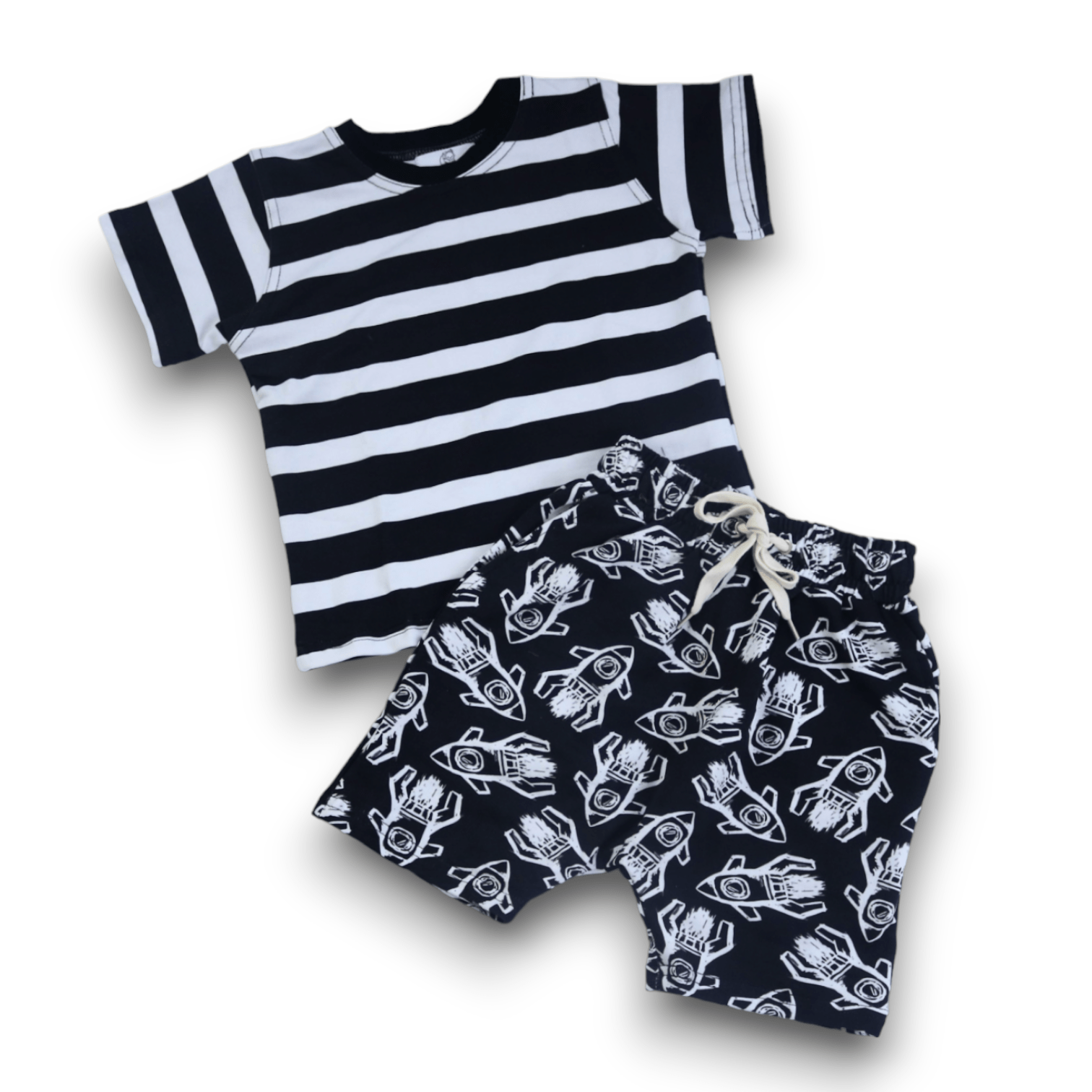Rad Rockets Harem Short Set - Black and White Rocket Print with Stripe ...